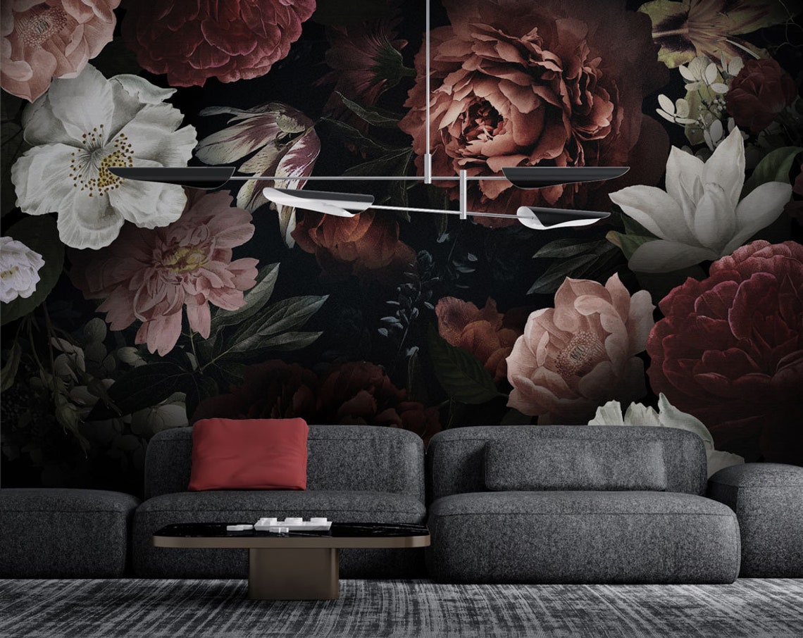 FLORAL WALLPAPER ART Pretty Big Flowers Wallpaper Dark Fone - Etsy