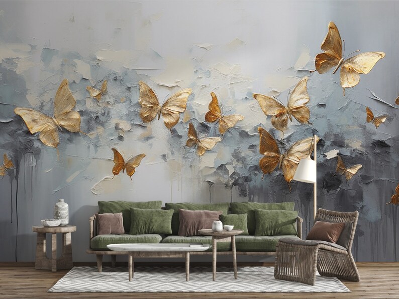 Gold Butterflies Wallpaper - Art Style Wall Mural - Flying Butterflies ...