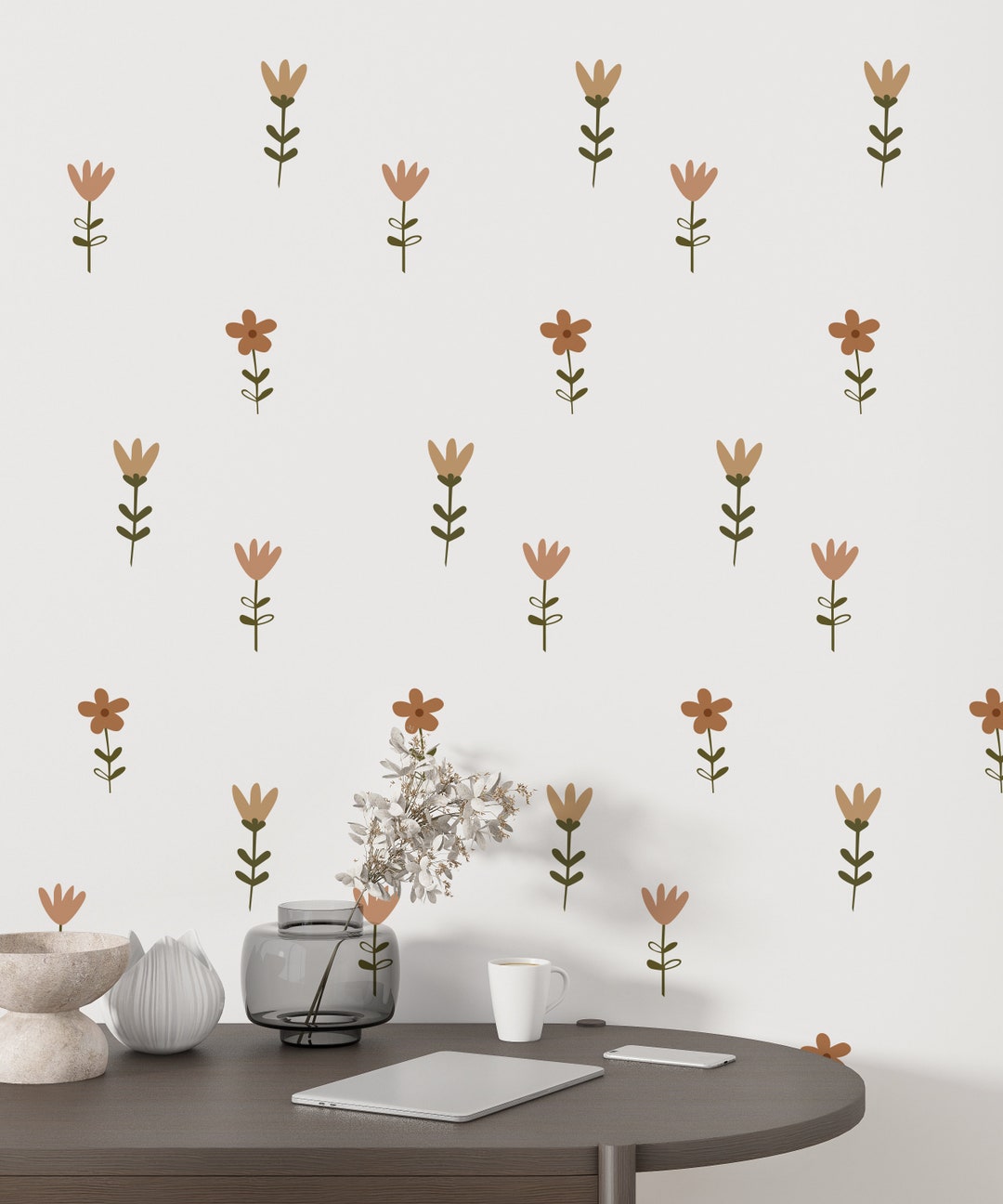 Minimalist Floral Wallpaper, Boho Flower Pattern Wall Mural, Neutral ...