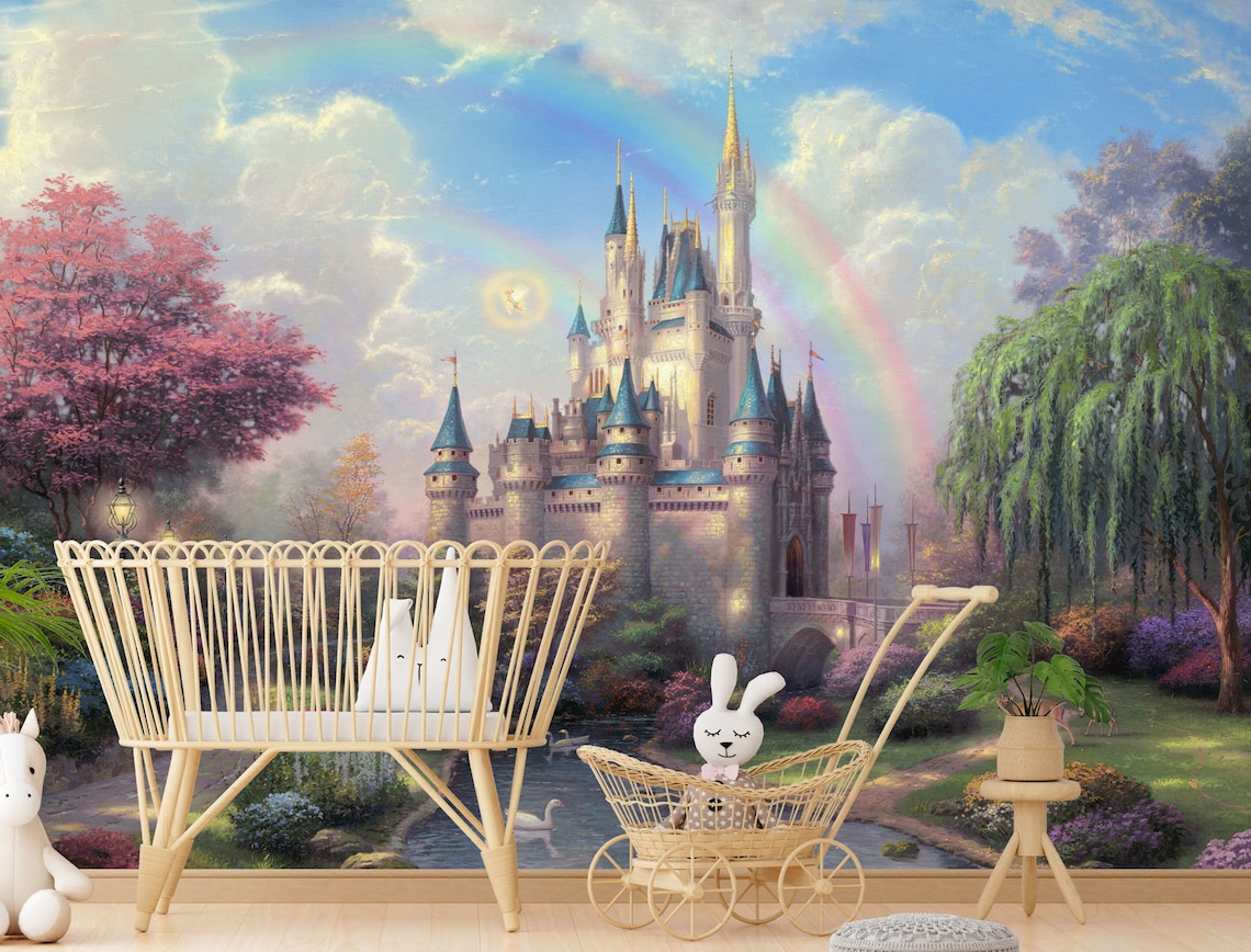 Castle Kids Wallpaper Girls Room Deco Mural Pink Castle - Etsy