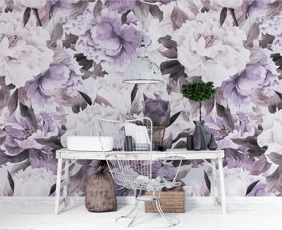 PURPLE FLORAL WALLPAPER Boho Floral Wallpaper Soft Fone - Etsy