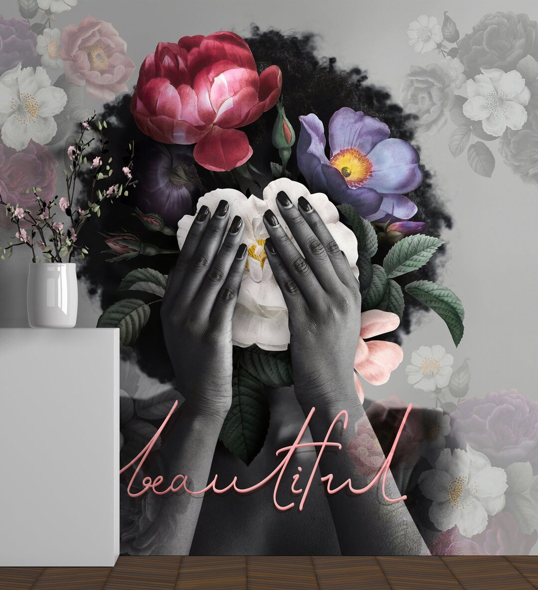 3D WOMAN PORTRAIT Wallpaper- Peel and Stick- 3D Woman With Flowers ...