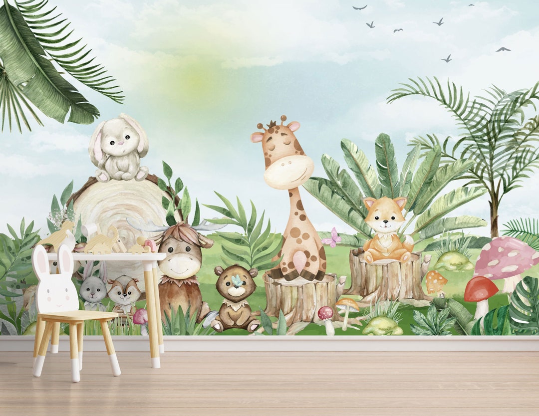 Cute Animals Nursery Room Wall Decor , Peel and Stick Jungle Wall Mural ...