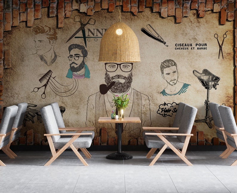 BARBER SHOP WALLPAPER, Adhesive Barber Shop, Man With Scissor, Styles ...