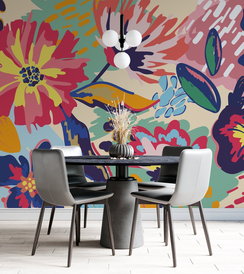 Colorful Art Style Floral Wall Mural Paint Effected Colorful - Etsy