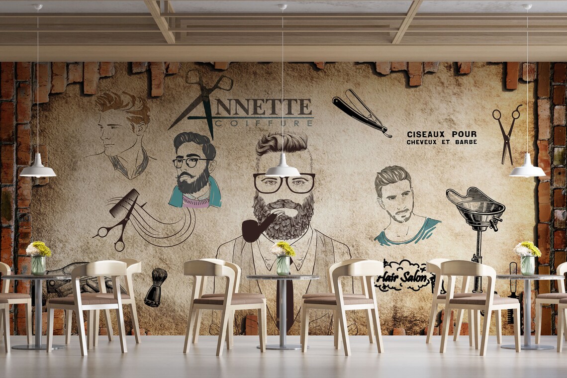 BARBER SHOP WALLPAPER, Adhesive Barber Shop, Man With Scissor, Styles ...