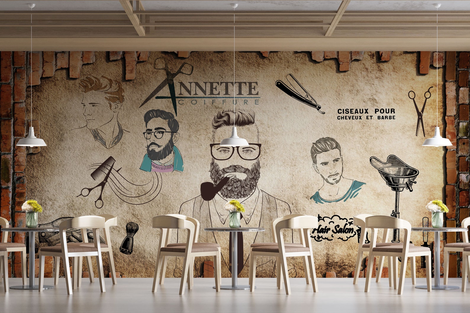 BARBER SHOP WALLPAPER, Adhesive Barber Shop, Man With Scissor, Styles ...
