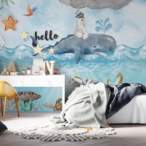 Sea Themed Kids Wallpaper , Peel and Stick Nursery Mural , Undersea Themed Wallpaper Whale Bear ...
