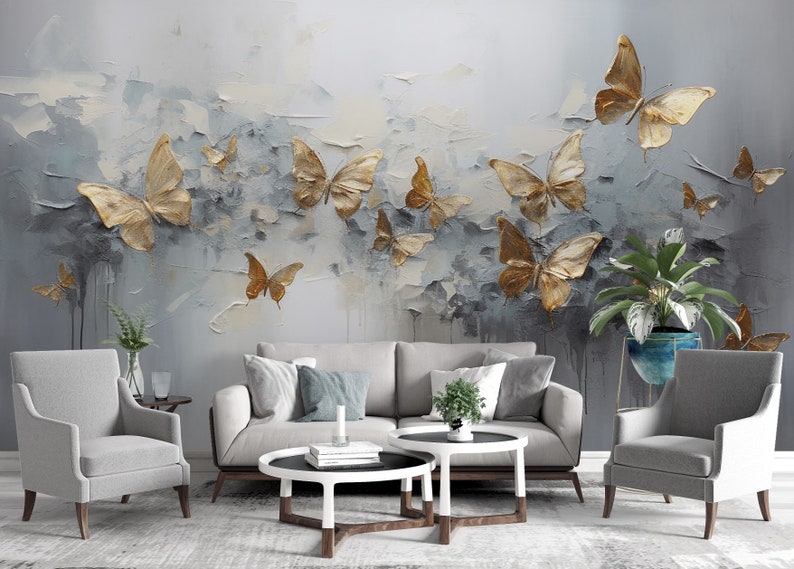 Gold Butterflies Wallpaper - Art Style Wall Mural - Flying Butterflies ...