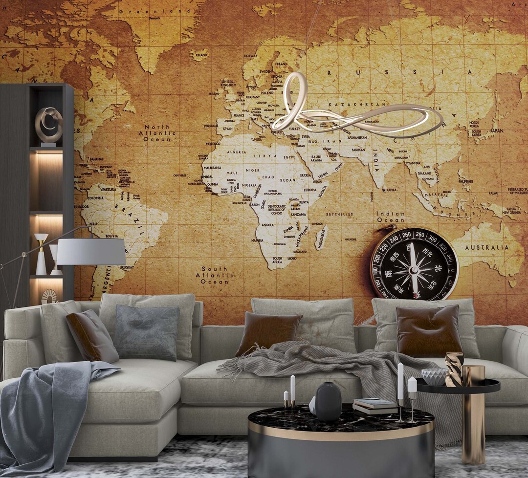 World Map With Countries Themed Wallpaper-journey Design Mural-brown ...