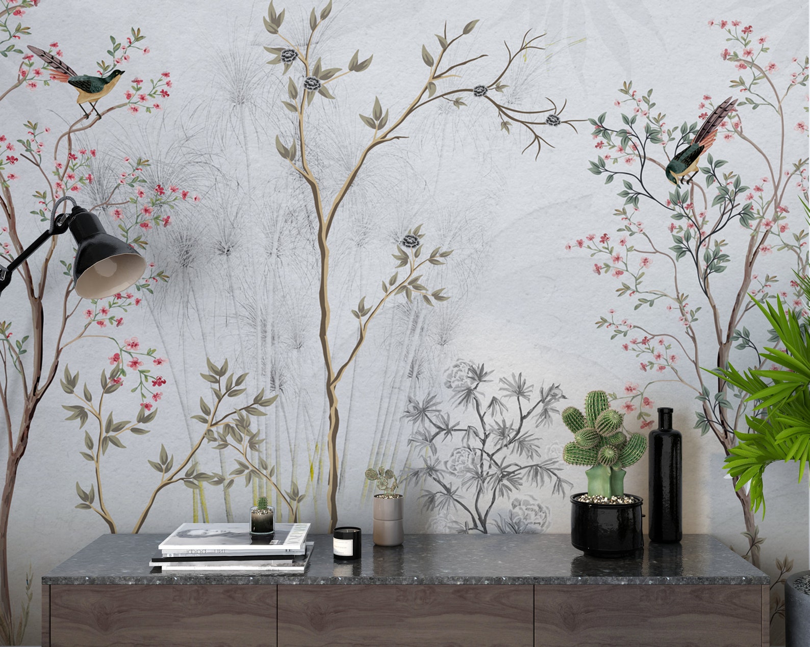 Blossom Tree and Birds Peel and Stick Wallpaper , Vintage Floral ...