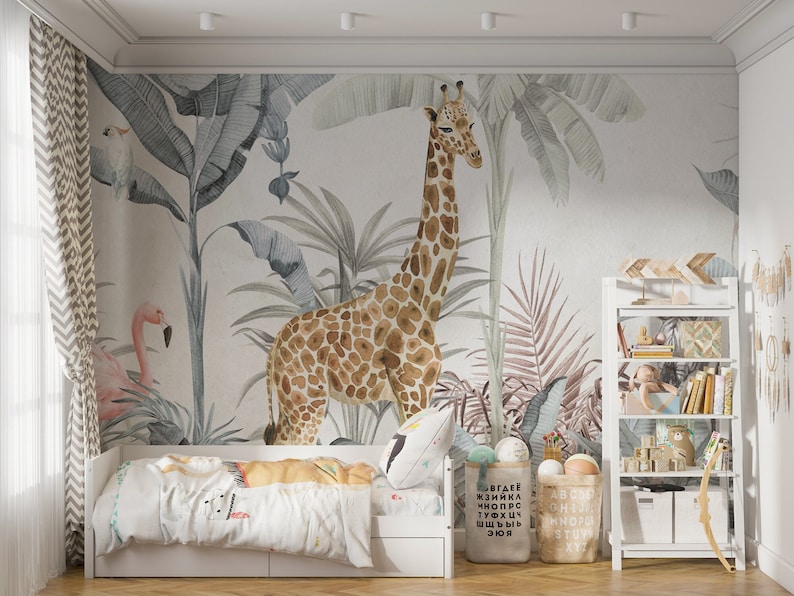 Giraffe Zebra Flamingo Wallpaper for Nursery , SAFARI Themed Wallpaper ...