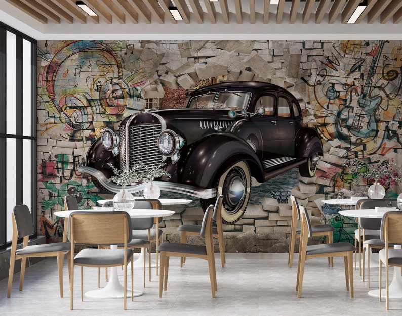 Antique Car Decor Wallpaper , Classic Car Wall Poster , Peel and Stick ...