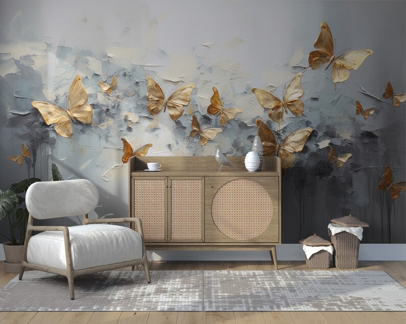 Gold Butterflies Wallpaper - Art Style Wall Mural - Flying Butterflies ...