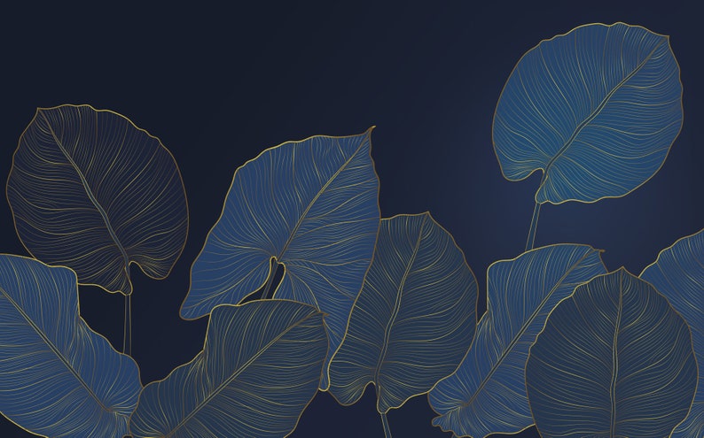 Navy Blue Leaves Peel and Stick Wallpaper , Big Tropical Leaves Mural ...