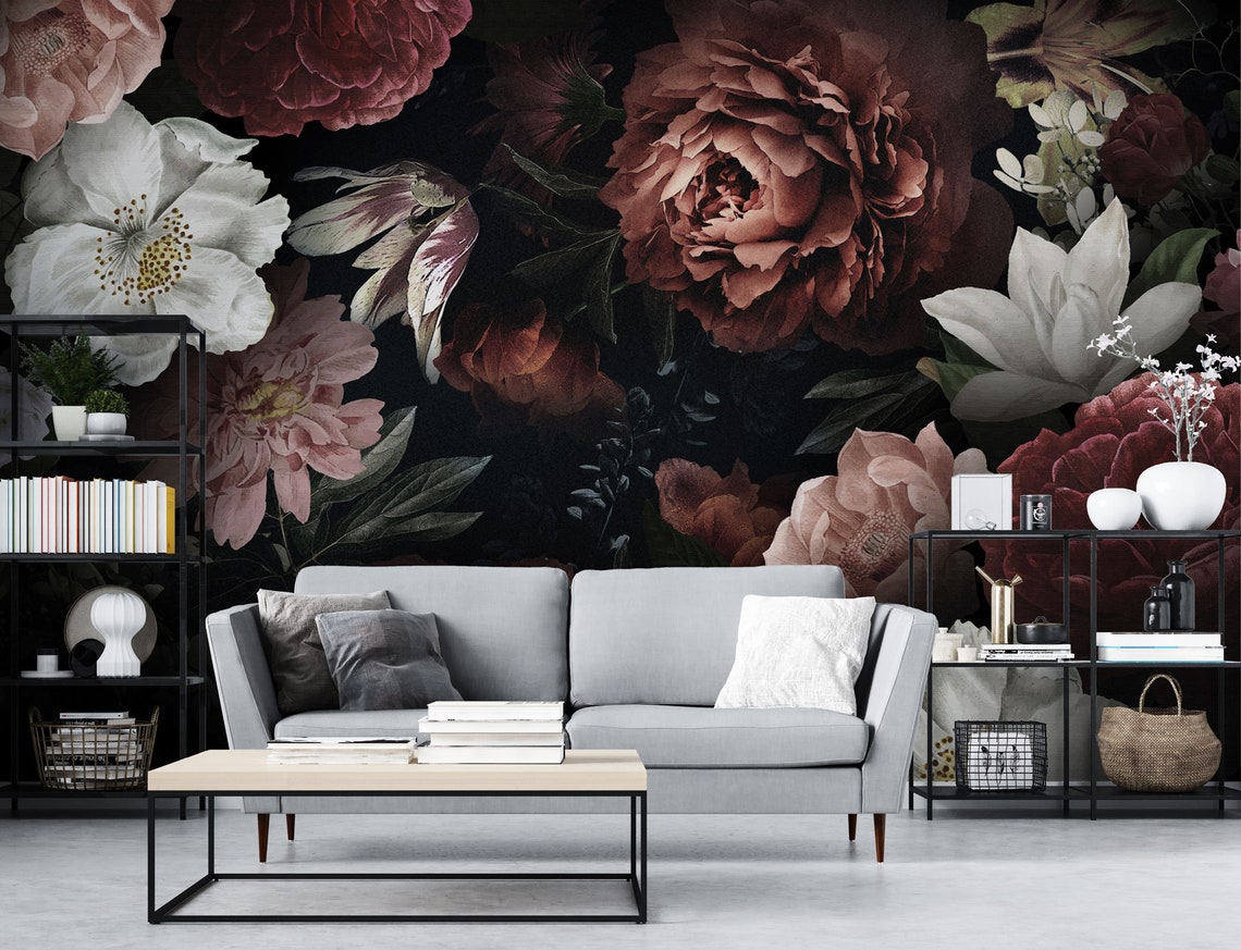 FLORAL WALLPAPER ART Pretty Big Flowers Wallpaper Dark Fone | Etsy