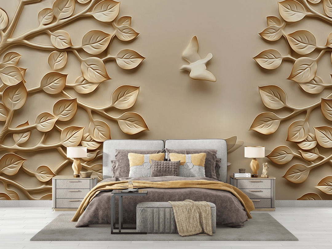3D Look Tree Wallpaper , Brown Beige Tones Floral Wall Mural , Peel and ...