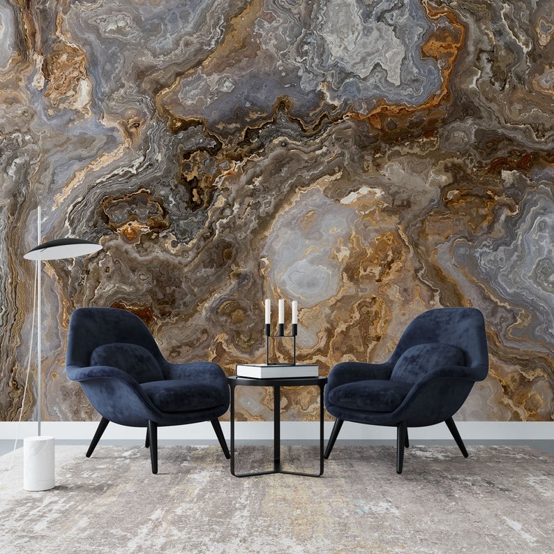 Brown Marble Wallpaper Brown Marble With Gray Details Peel - Etsy