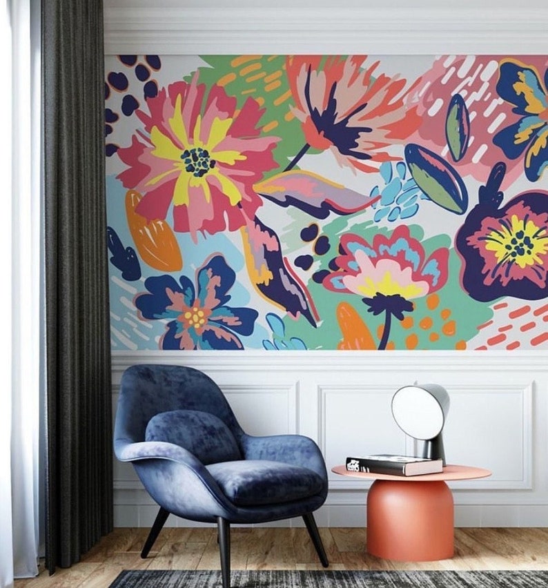 Colorful Art Style Floral Wall Mural Paint Effected Colorful - Etsy