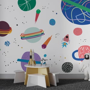 Planets Wallpaper for Kids Room Decor - Nursery Mural Space Themed ...