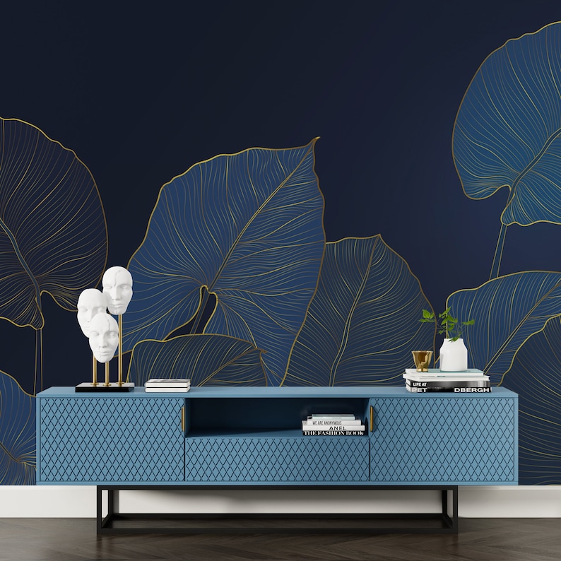 Navy Blue Leaves Peel and Stick Wallpaper Big Tropical - Etsy