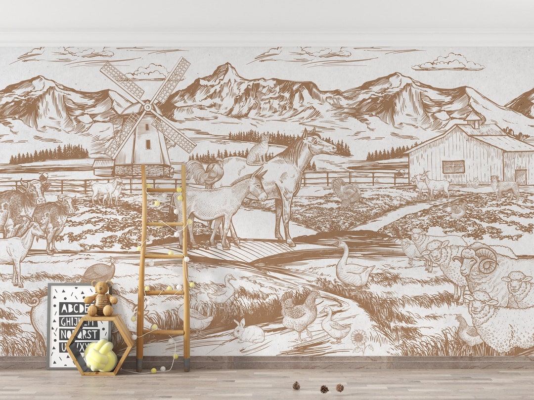 Removable Horse Farm Wallpaper- Farm Animals Mural- Nursery Room Decor ...