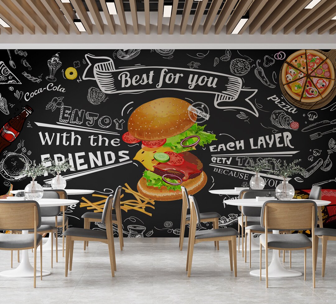 RESTAURANT HAMBURGER WALLPAPER- Adhesive Restaurant Poster- Living Room ...