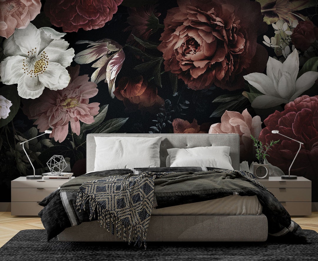 FLORAL WALLPAPER ART- Pretty Big Flowers Wallpaper- Dark Fone Flowers ...