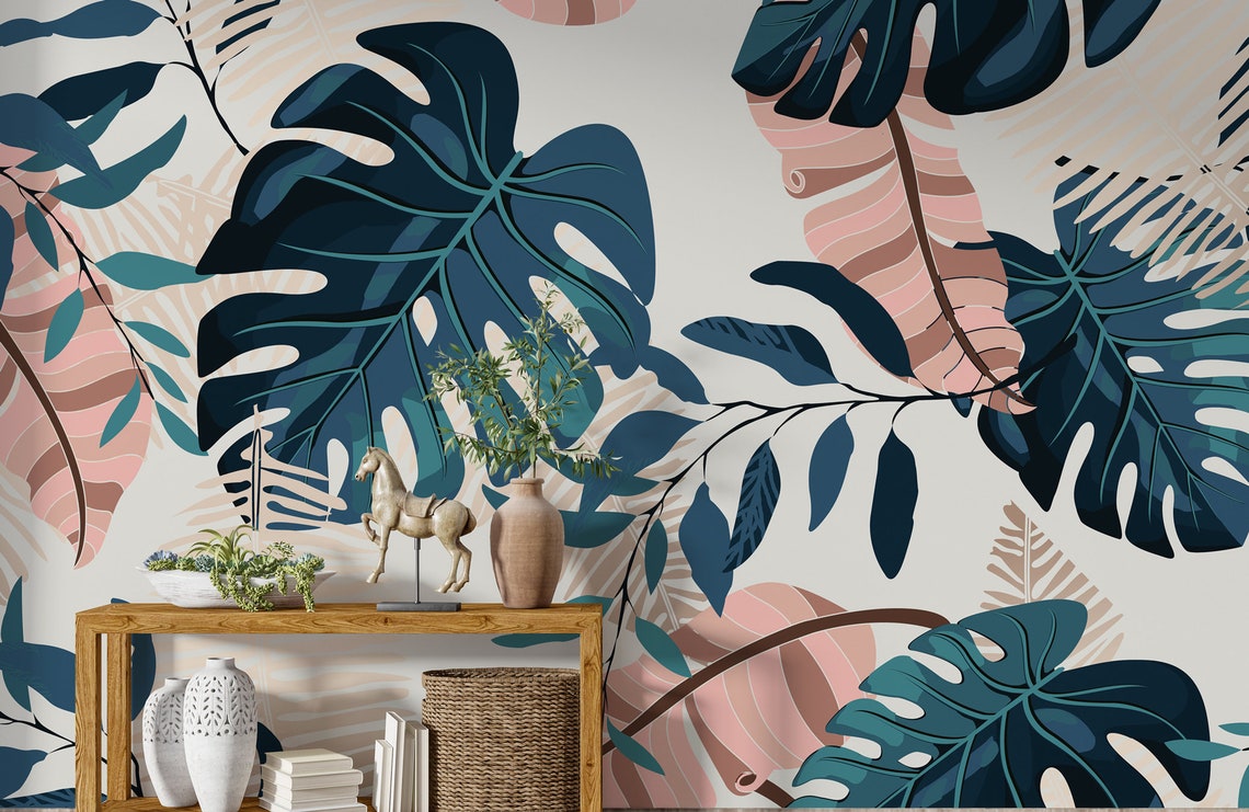 Boho Monstera Abstract Wallpaper- Peel and Stick- Big Leaves Wallposter ...