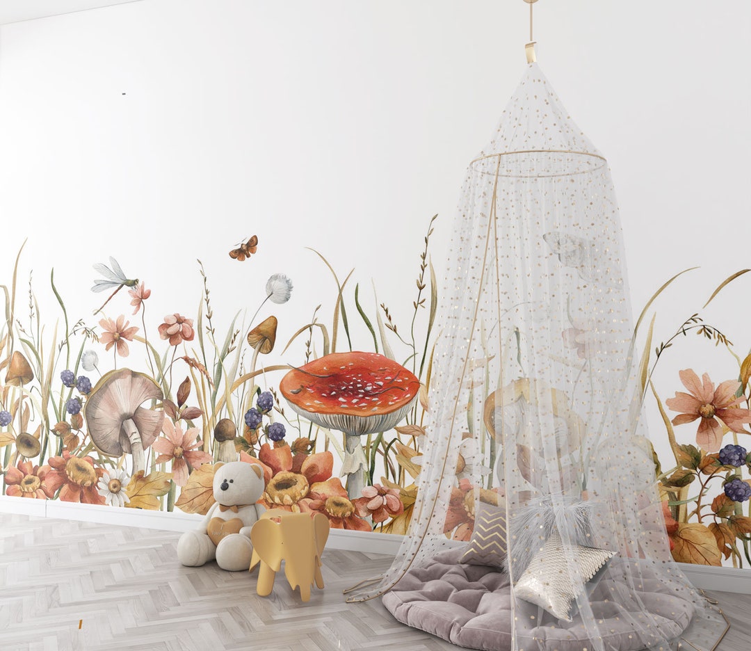 Flower Garden Themed Wallpaper Mushroom and Flowers Design Mural for ...