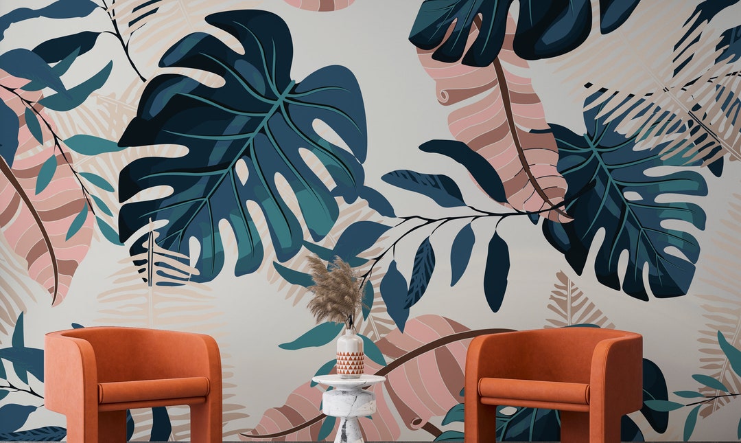 Boho Monstera Abstract Wallpaper- Peel and Stick- Big Leaves Wallposter ...