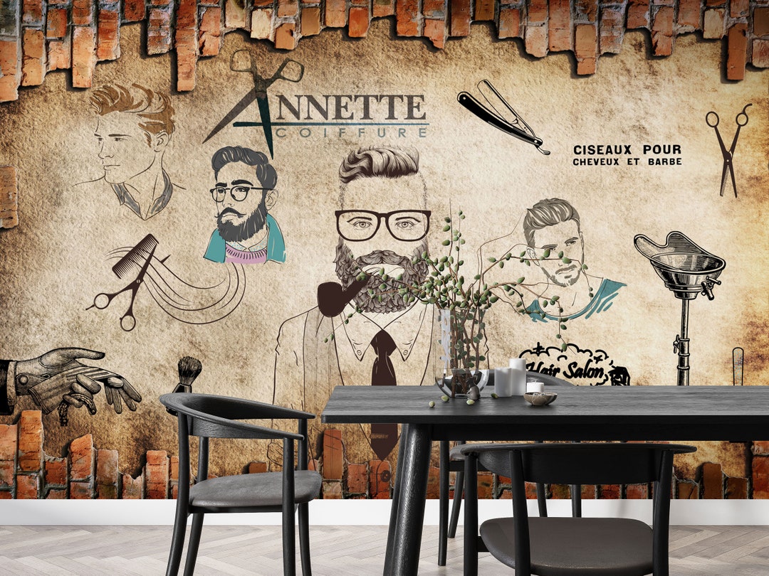 BARBER SHOP WALLPAPER, Adhesive Barber Shop, Man With Scissor, Styles ...