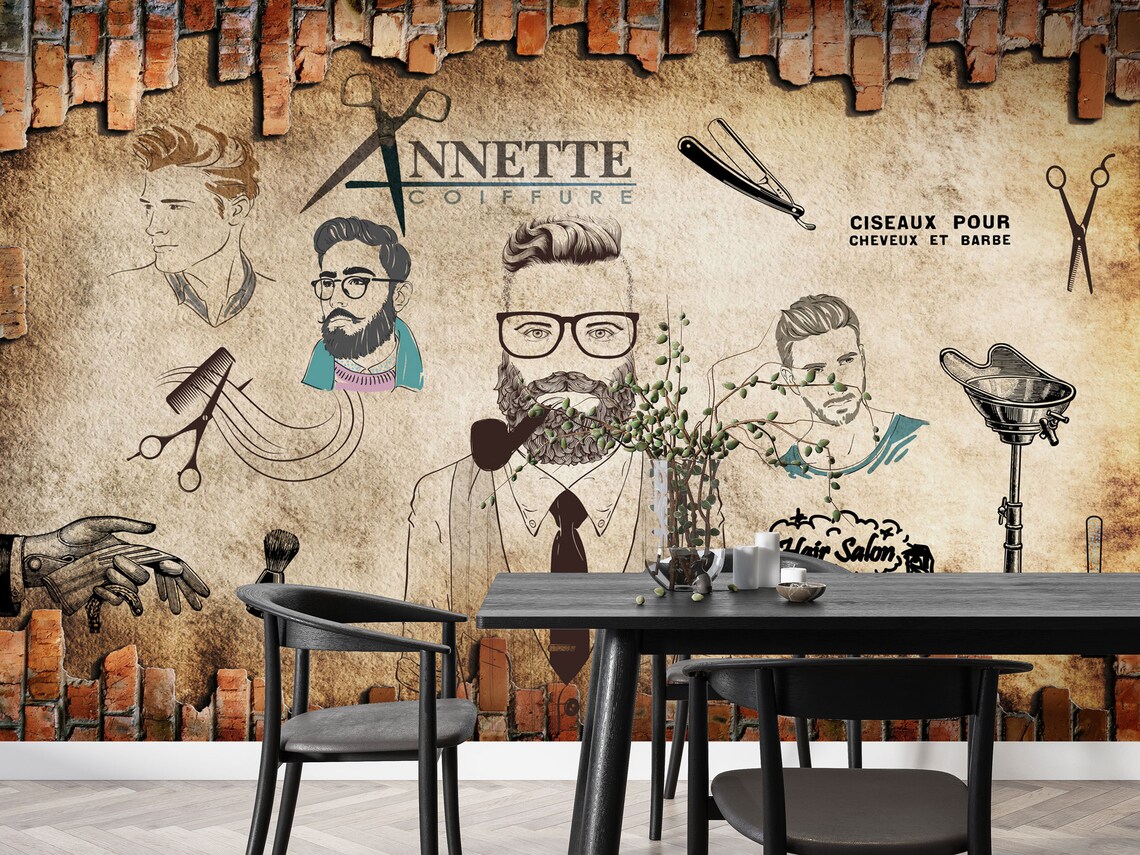 BARBER SHOP WALLPAPER, Adhesive Barber Shop, Man With Scissor, Styles ...