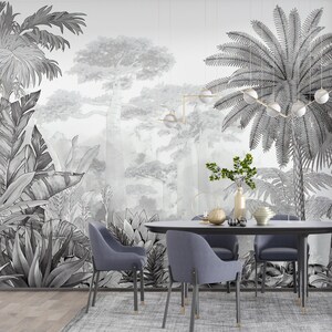 Black and White Tropical Trees Wallpaper - Jungle Themed Nature Mural ...