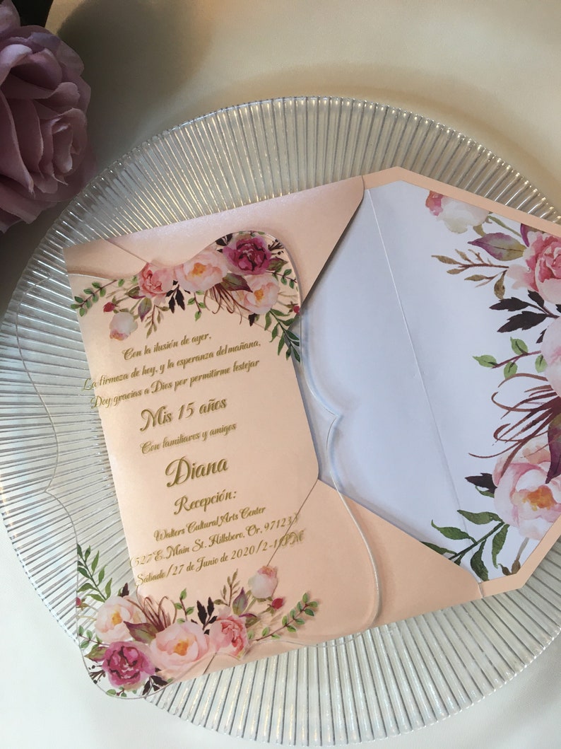 Beautiful Blush/pink Acrylic Invitations, Floral Quinceanera Invites ...