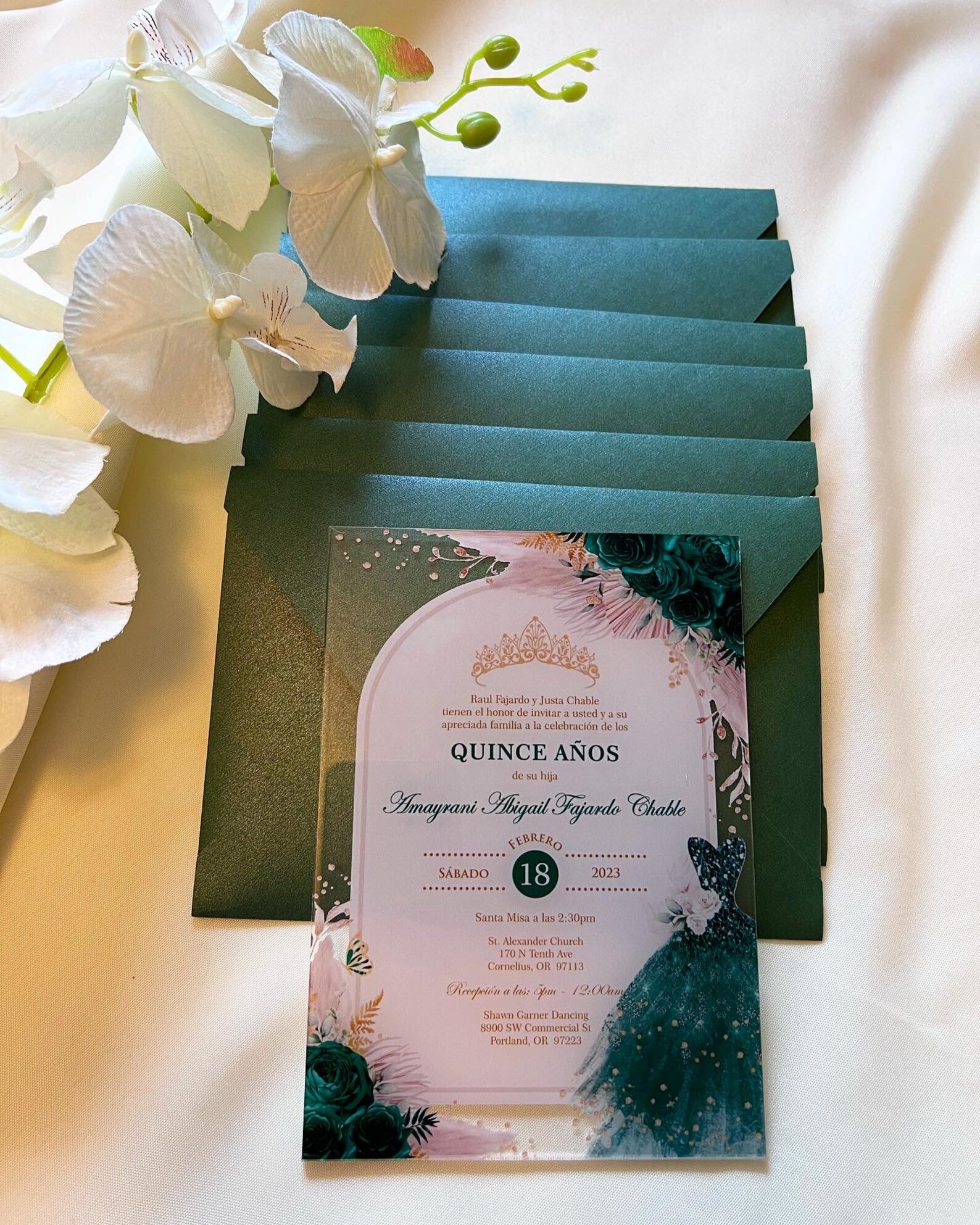 Emerald Green Quinceanera Acrylic Invitation, Mis Quince Enchanted ...