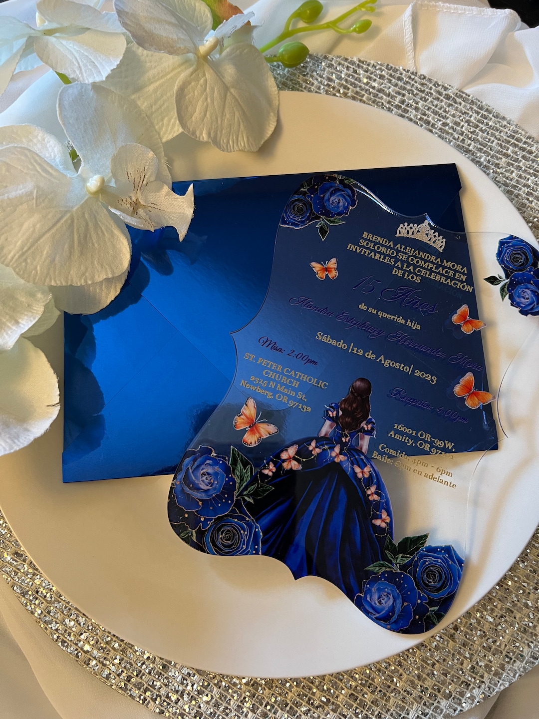 Royal Blue Quinceanera Invitations, Butterfly Gold Acrylic Invites ...