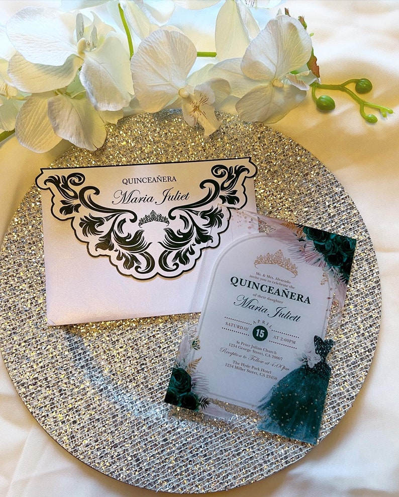 Enchated Forest Acrylic Invitations Emerald Green Quinceanera - Etsy