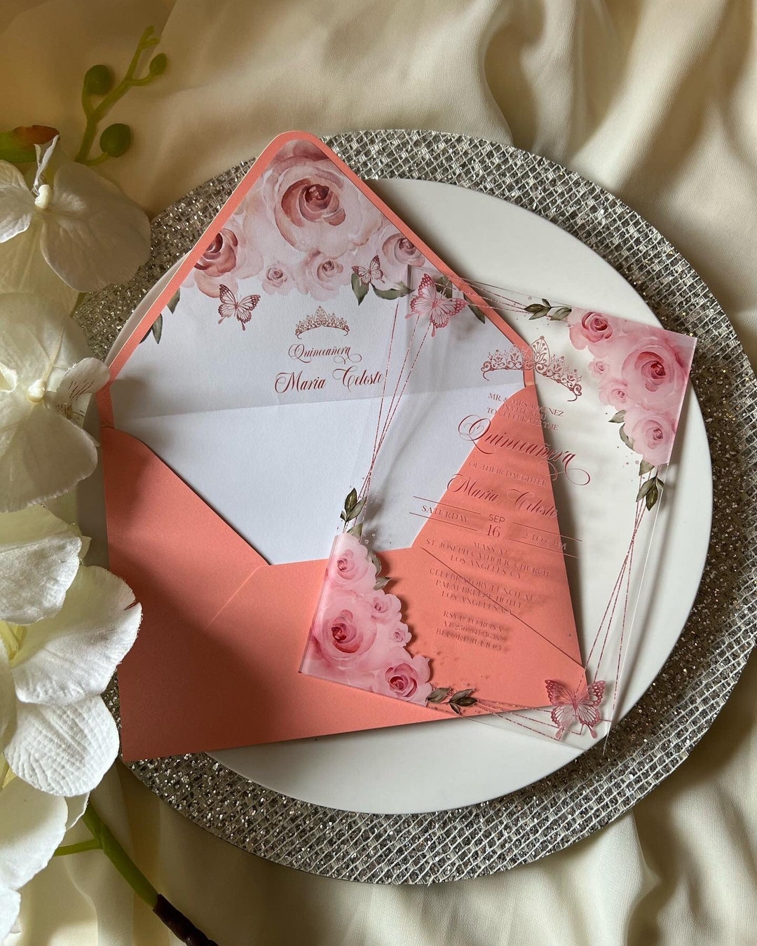 Blush Pink Quinceanera Invitations, Acrylic Invites Rose Pink, Gold W ...