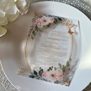 Quinceanera Acrylic Invitations, Blush Pink, Floral Gold Butterfly, Mis ...