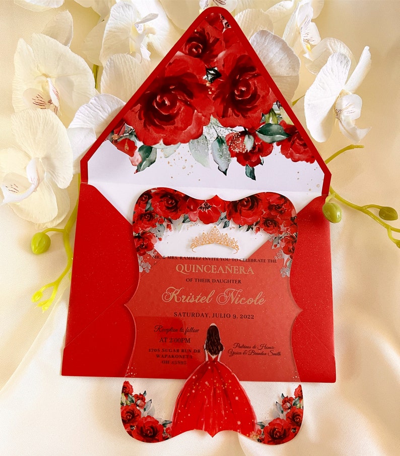Red Quinceanera Invitations, Red Flowers Acrylic, Sweeth 16 Invitations ...