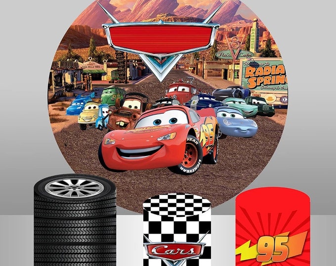 Cartoon Macqueen Cars Round Backdrop Cover for Boy Birthday Decor Wheel ...