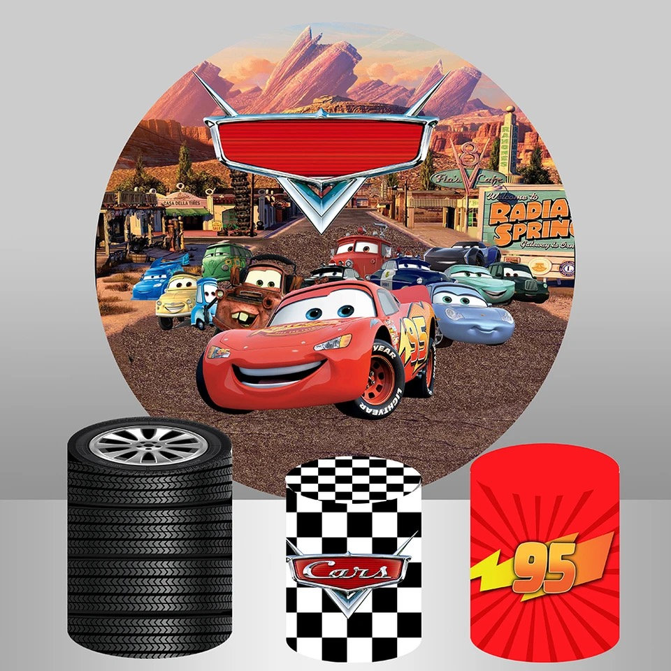 Cartoon Macqueen Cars Round Backdrop Cover for Boy Birthday Decor Wheel ...