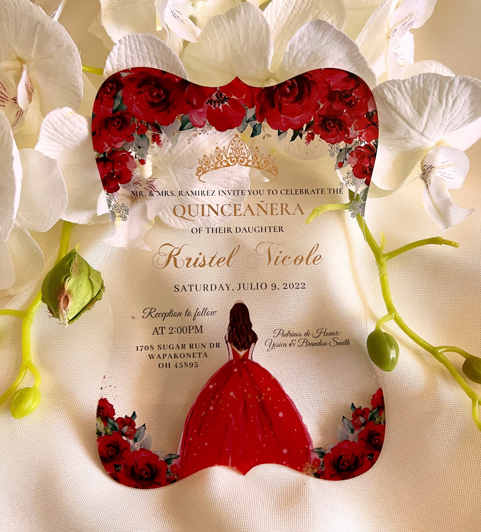 Red Quinceanera Invitations, Red Flowers Acrylic, Sweeth 16 Invitations ...
