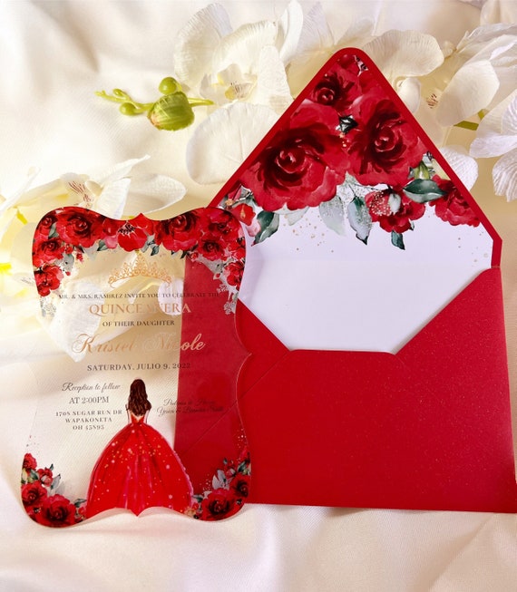 Red Quinceanera Invitations Red Flowers Acrylic Sweeth 16 - Etsy