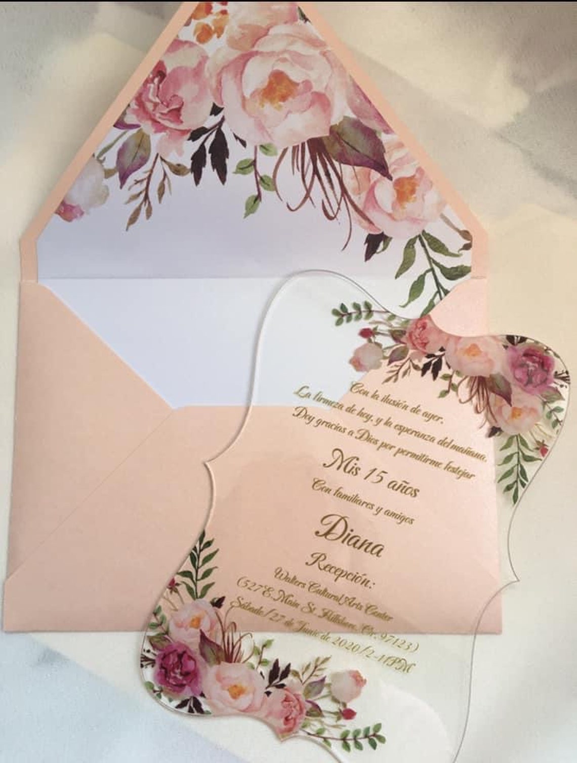 Beautiful Blush/pink Acrylic Invitations, Floral Quinceanera Invites ...
