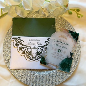 Enchated Forest Acrylic Invitations, Emerald Green Quinceanera Invites ...
