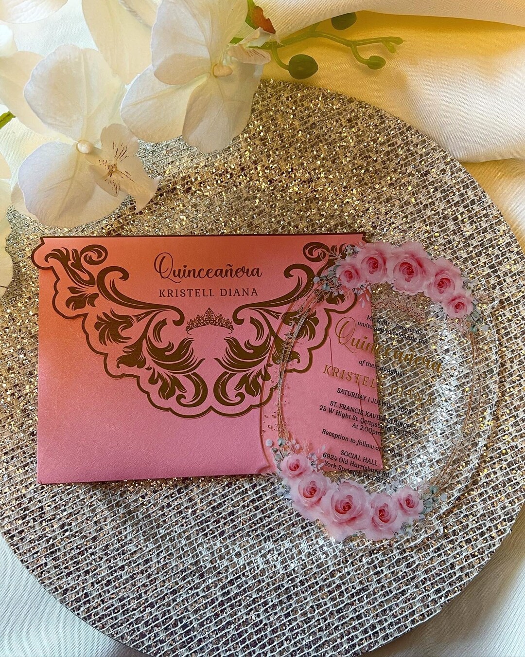 Pink Quinceanera Acrylic Invitations, Floral Pink Gold Crown With ...