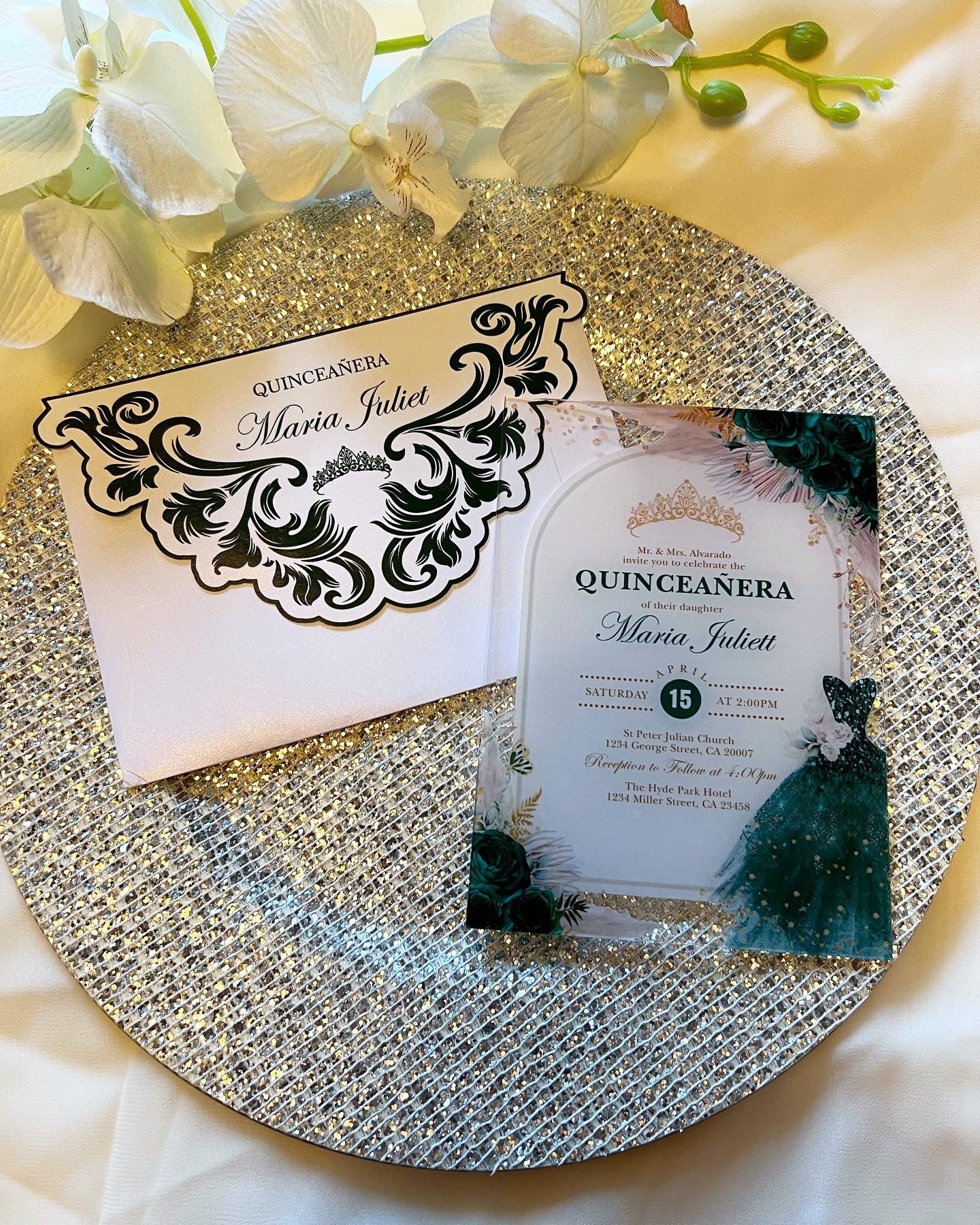 Enchated Forest Acrylic Invitations Emerald Green Quinceanera - Etsy