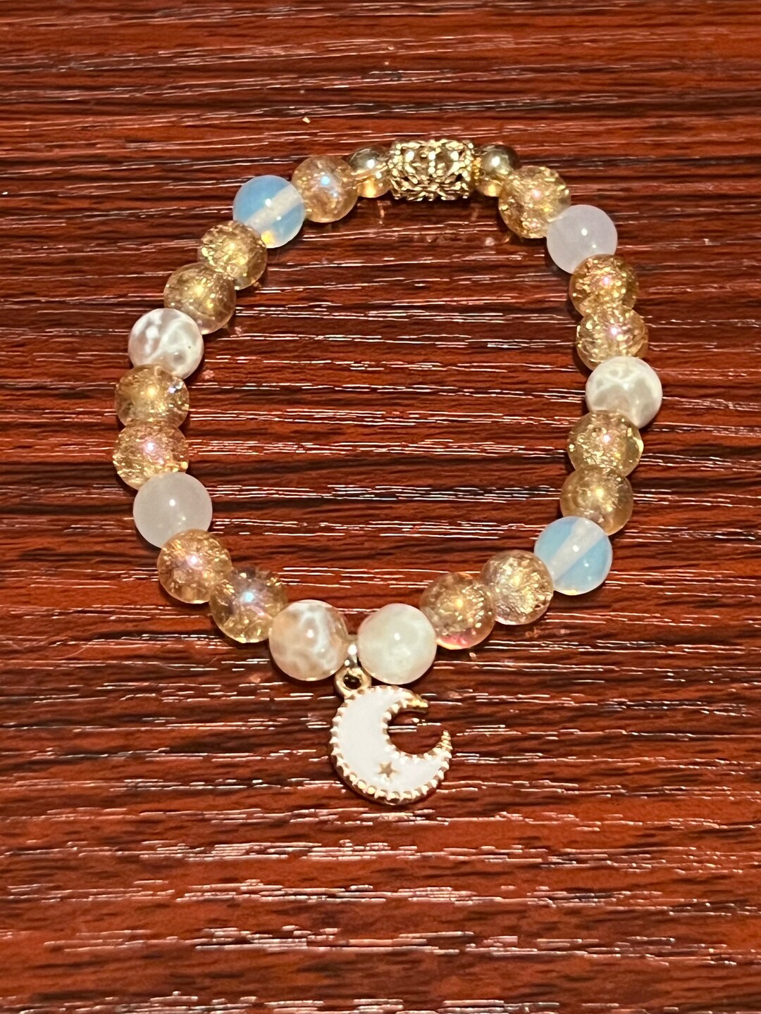 Crescent Moon Beaded Bracelet With Moonstone and Fire Agate Beads - Etsy